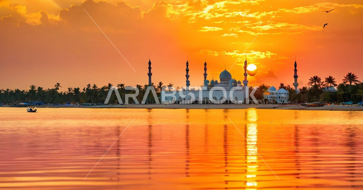 Sunset view over Islamic landmarks and places, the concept of worship ...