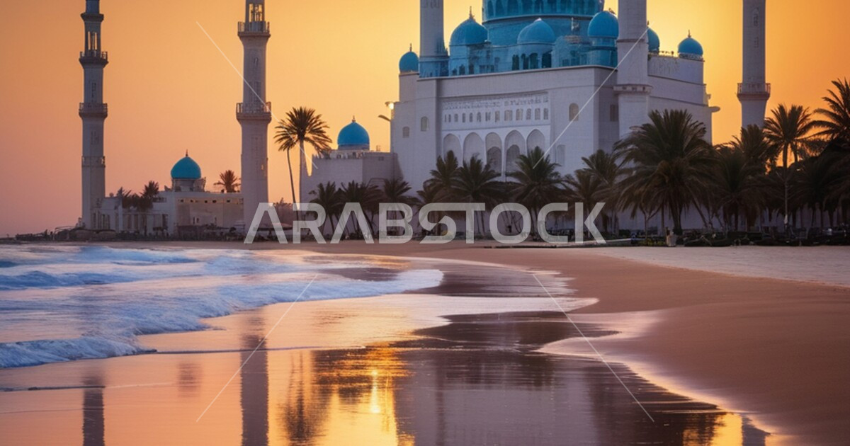 Islamic structures overlooking the sea, minarets and domes built in the ...
