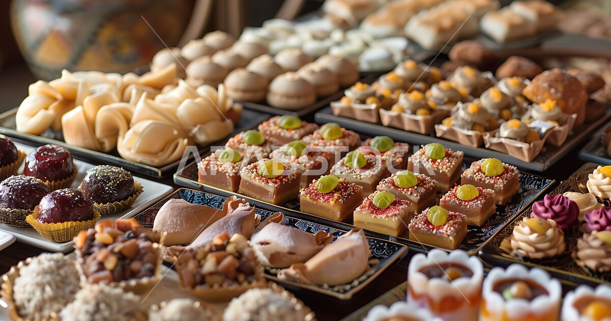 Dishes of oriental Arabic sweets, Saudi desserts with pistachios and ...