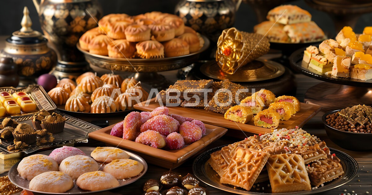 Dishes of oriental Arabic sweets, Saudi desserts with pistachios and ...