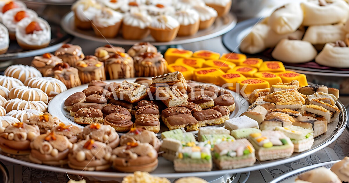 Dishes of oriental Arabic sweets, Saudi desserts with pistachios and ...