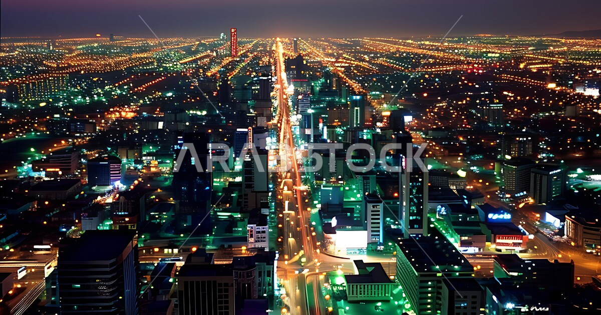 Riyadh city at night, illuminated buildings and streets, vibrant ...