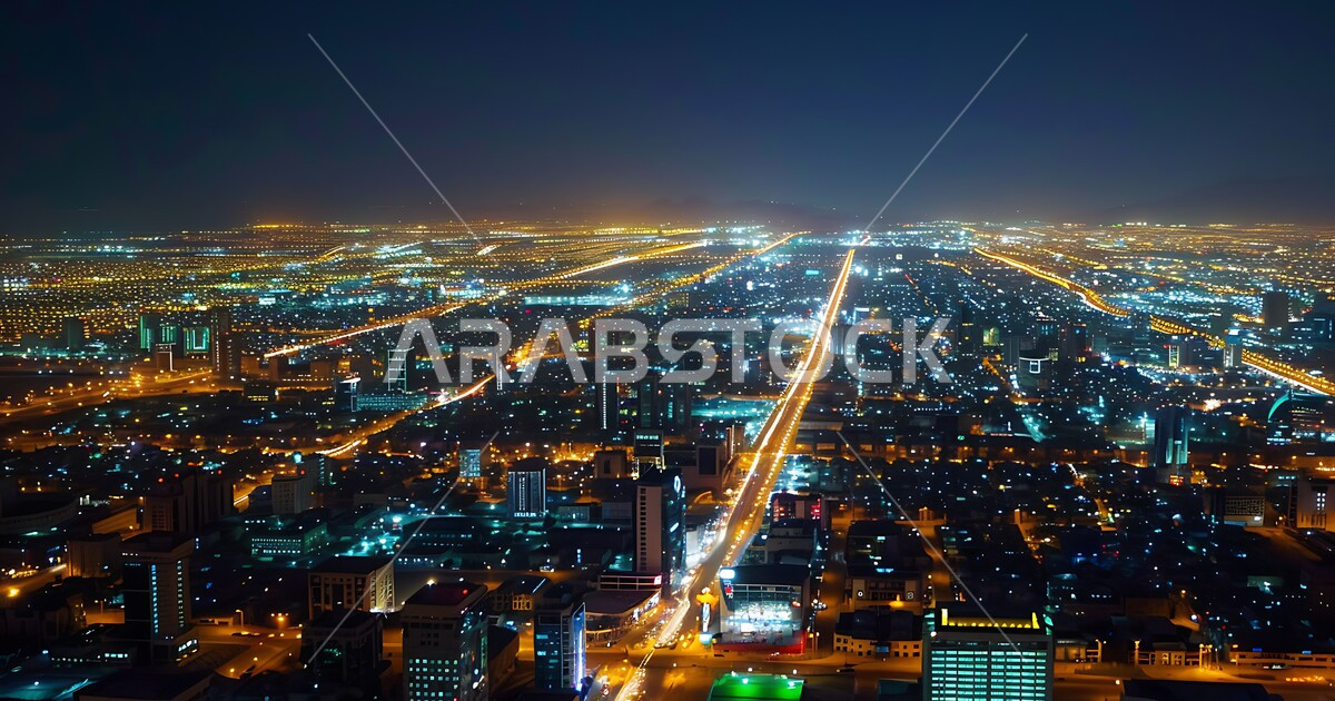 Riyadh city at night, illuminated buildings and streets, vibrant ...