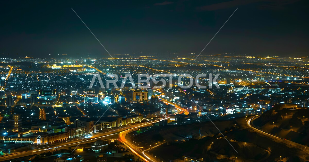 Riyadh city at night, illuminated buildings and streets, vibrant ...