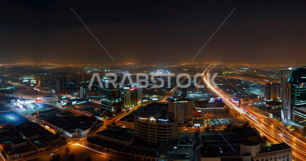 Illuminated buildings and streets, the city of Riyadh at night, the ...