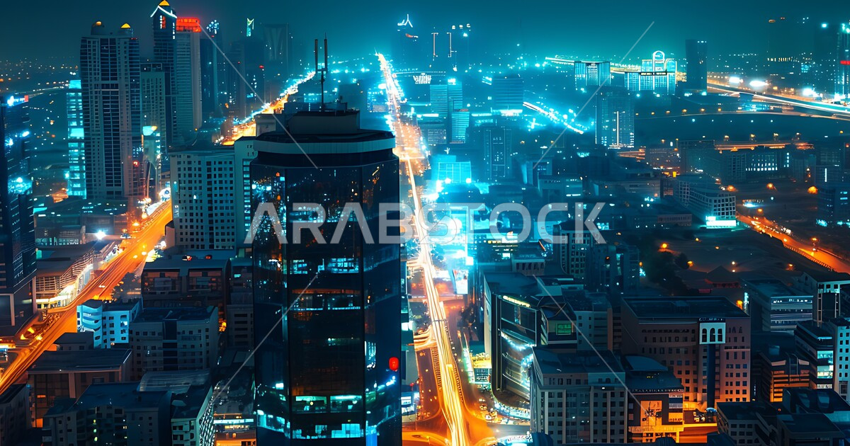 Illuminated buildings and streets, the city of Riyadh at night, the ...