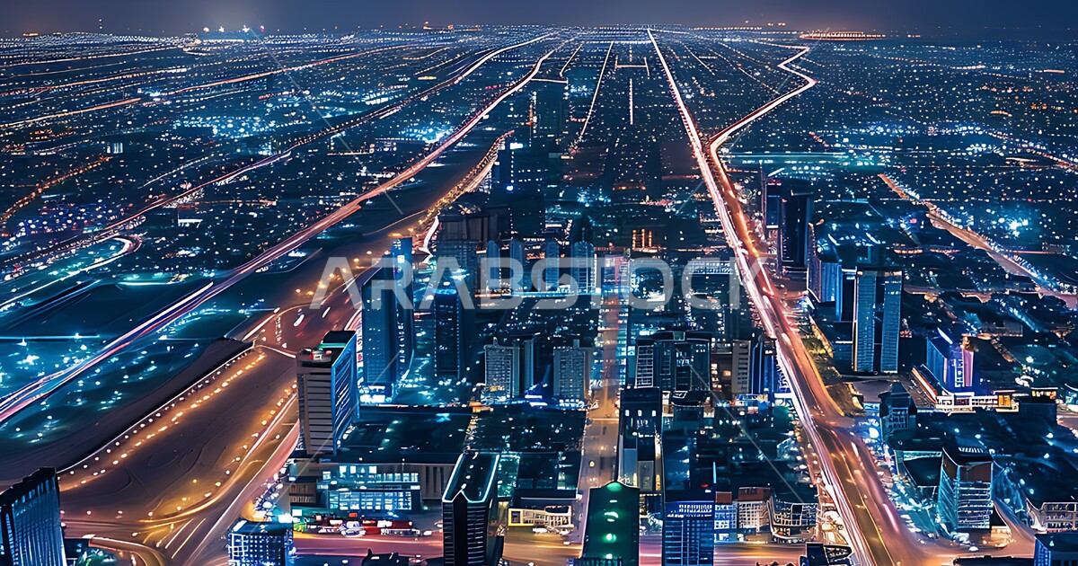 Illuminated buildings and streets, the city of Riyadh at night, the ...