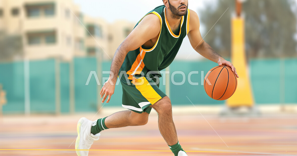 Young Saudi Arabian Gulf man playing basketball, playing basketball in ...