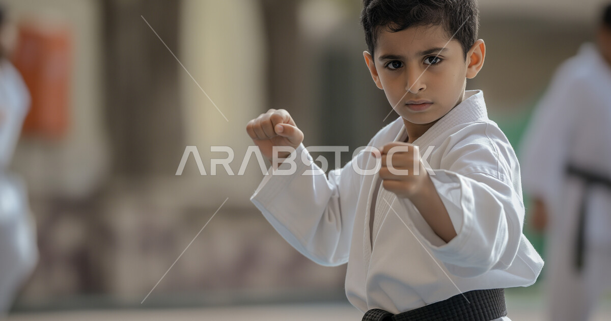 Learn Taekwondo, Close up of a Saudi Arabian Gulf boy wearing white ...