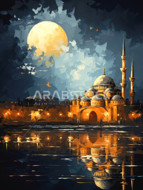 Artistic drawings of a mosque in the middle of nature under the ...