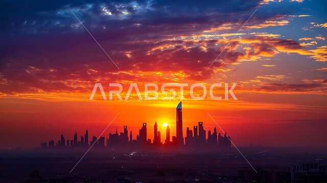 Commercial establishments, buildings and high-rise towers at sunset ...