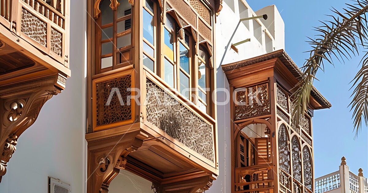 Old historic houses in Saudi Arabia, window with traditional folk ...