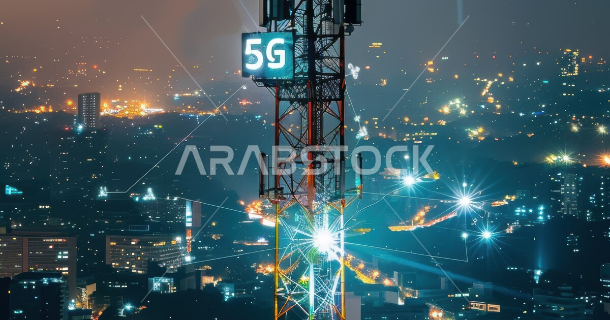 5G network abbreviation on a high communication tower, development of ...