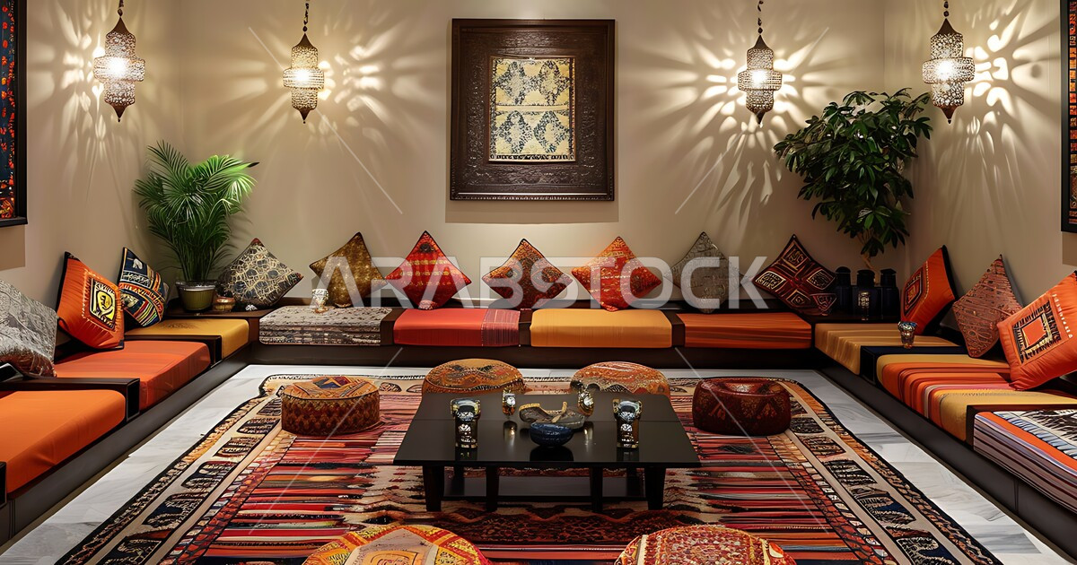 Geometric shapes hanging on the walls, a panoramic picture of a ...