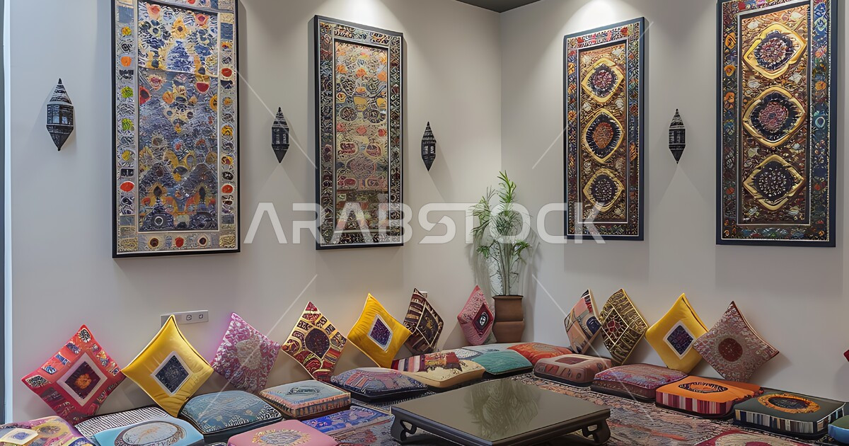 A traditional Arabic divan that includes colorful pillows with a ...