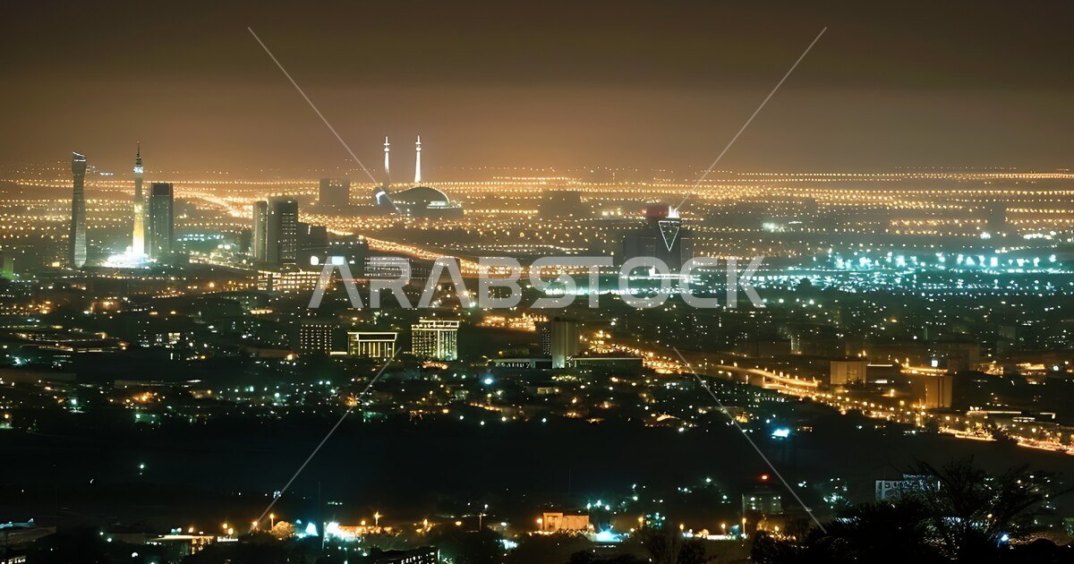 Luminous commercial towers and buildings, Saudi Vision 2030, the ...