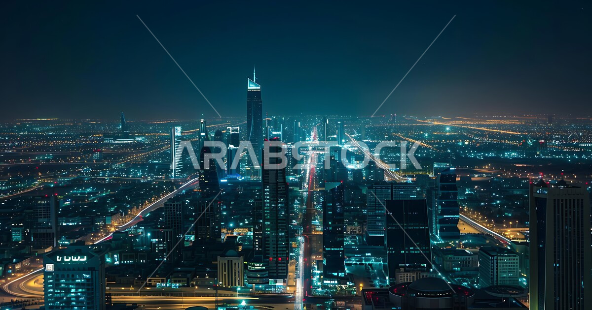 Luminous commercial towers and buildings, Saudi Vision 2030, the ...