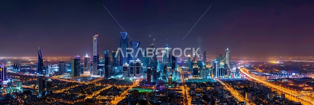Luminous commercial towers and buildings, Saudi Vision 2030, the ...