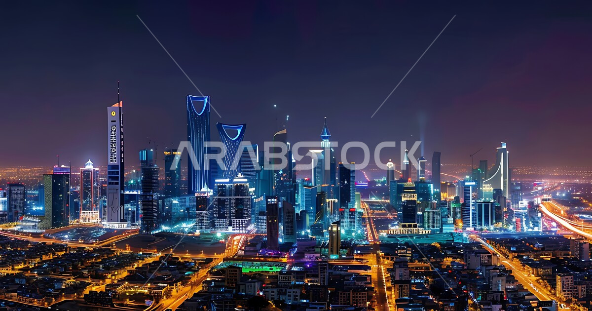 Luminous commercial towers and buildings, Saudi Vision 2030, the ...