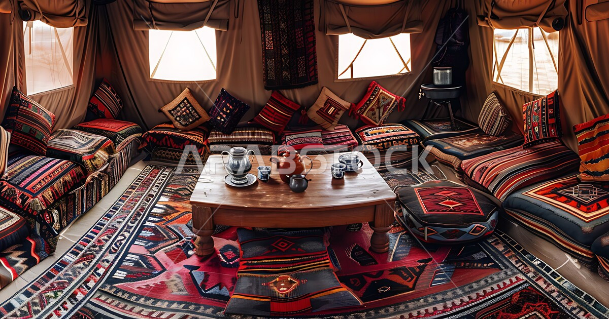 Interior decoration of traditional Bedouin tent, colorful furnishings ...