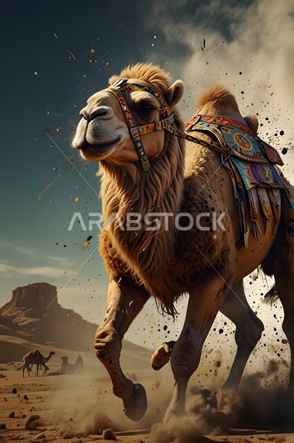 The concept of raising camels in the desert, a camel walking in one of ...