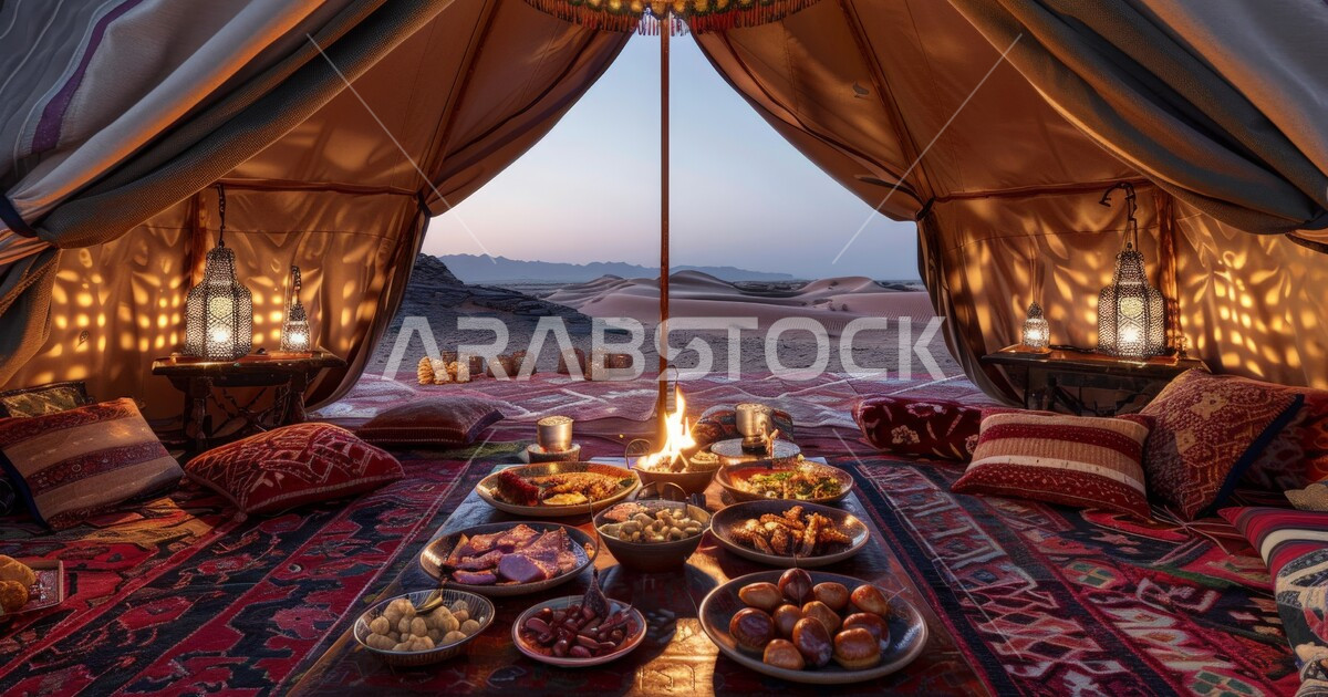 A popular Bedouin tent in the middle of the golden sands, tourist camps ...