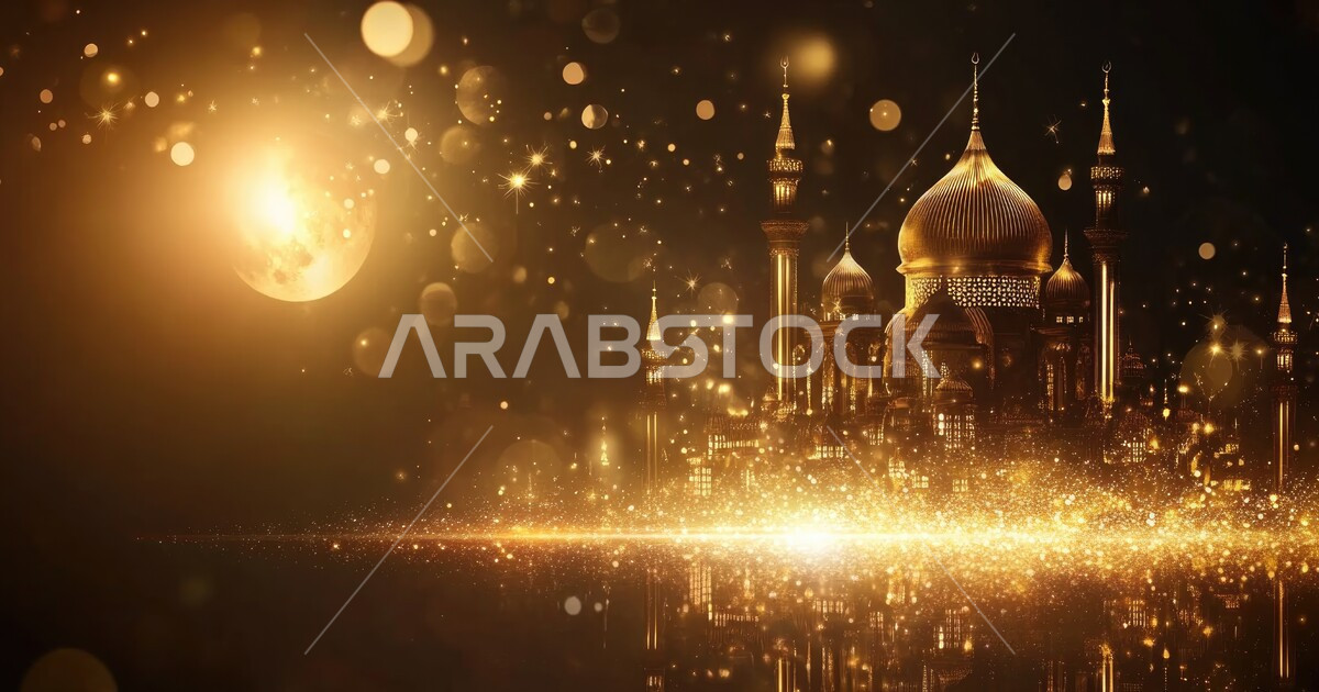 Models of a mosque, domes and minarets illuminated at night ...