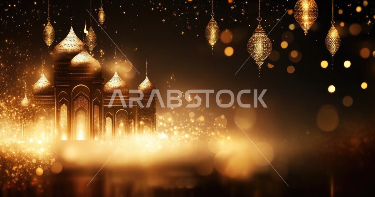 Models of a mosque, domes and minarets illuminated at night ...