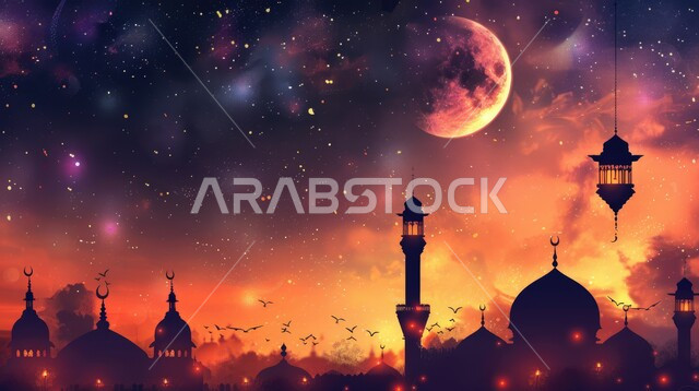 Metal lanterns hanging at night time, the concept of worship and ...