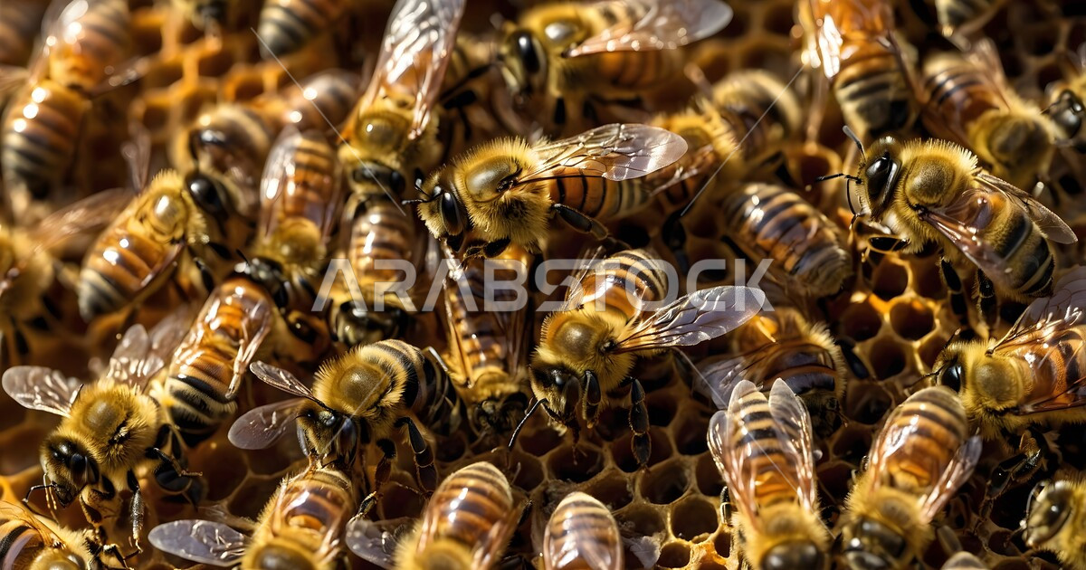 مجموعه من النحل في الخلية، مزارع تربية النحل في السعوديه, استخراج العسل ...