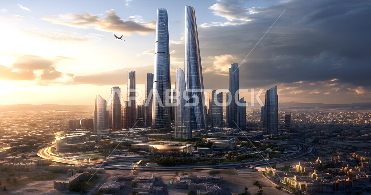 A panoramic image of a Saudi business center with huge glass facades, a ...
