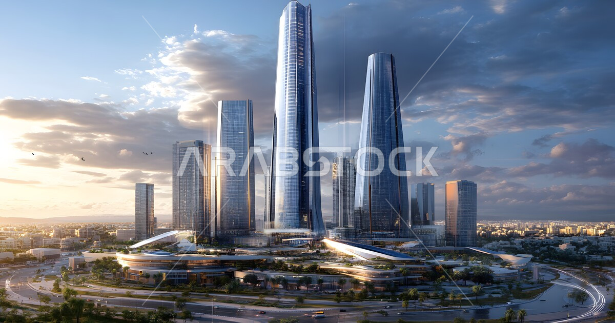 A panoramic image of a Saudi business center with huge glass facades, a ...