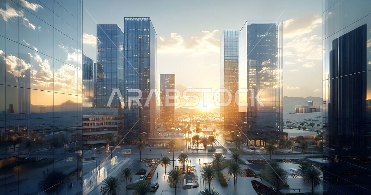 A panoramic image of a Saudi business center with huge glass facades, a ...