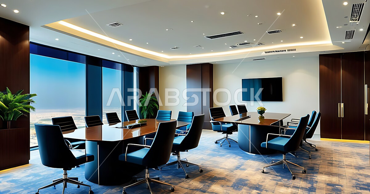 Spacious meeting room with table surrounded by chairs, modern ...