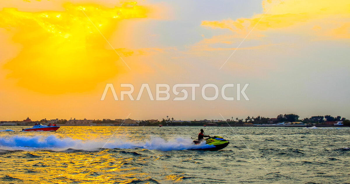 Sunset and sunrise on the Red Sea shore in the city of Jeddah, a coast ...
