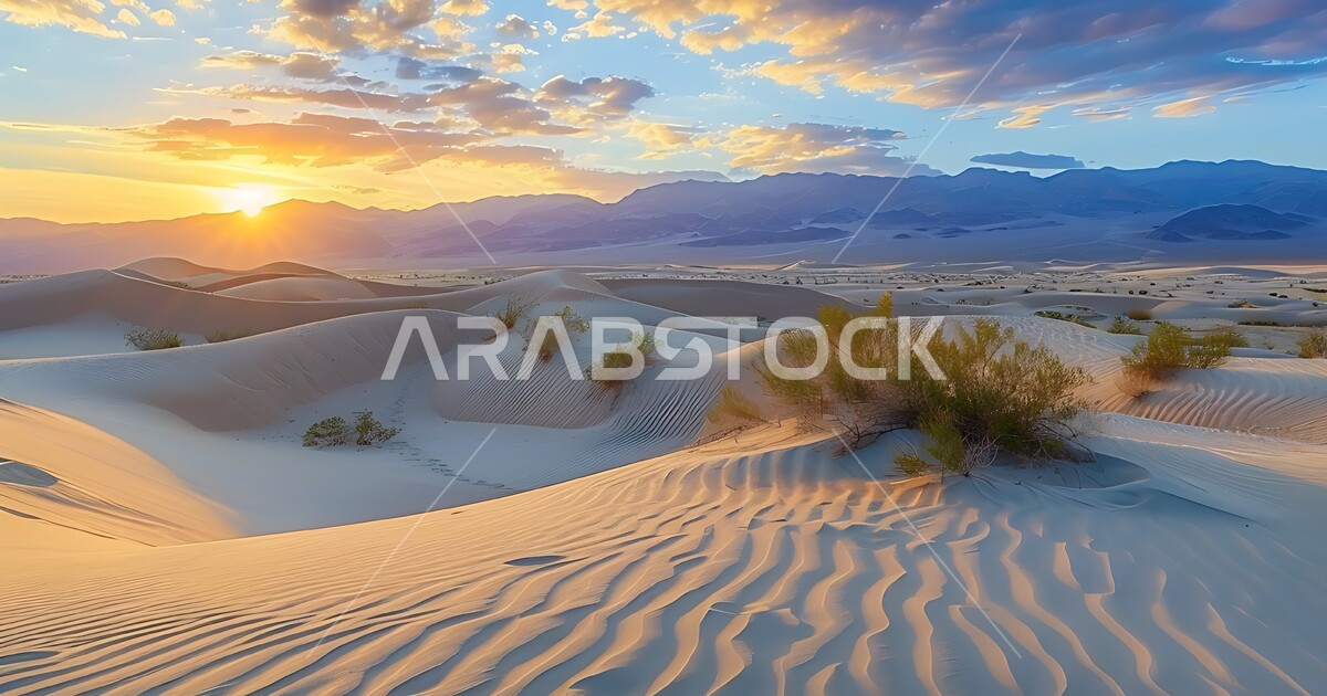 Sandy environment at sunset, plateaus and hills in desert natural areas ...
