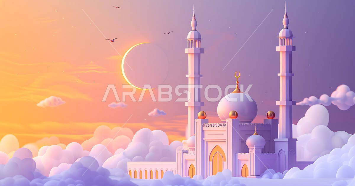 تصميم لمجسم ثلاثي الابعاد لمسجد على الطراز الاسلامي ، خلفية السماء ...