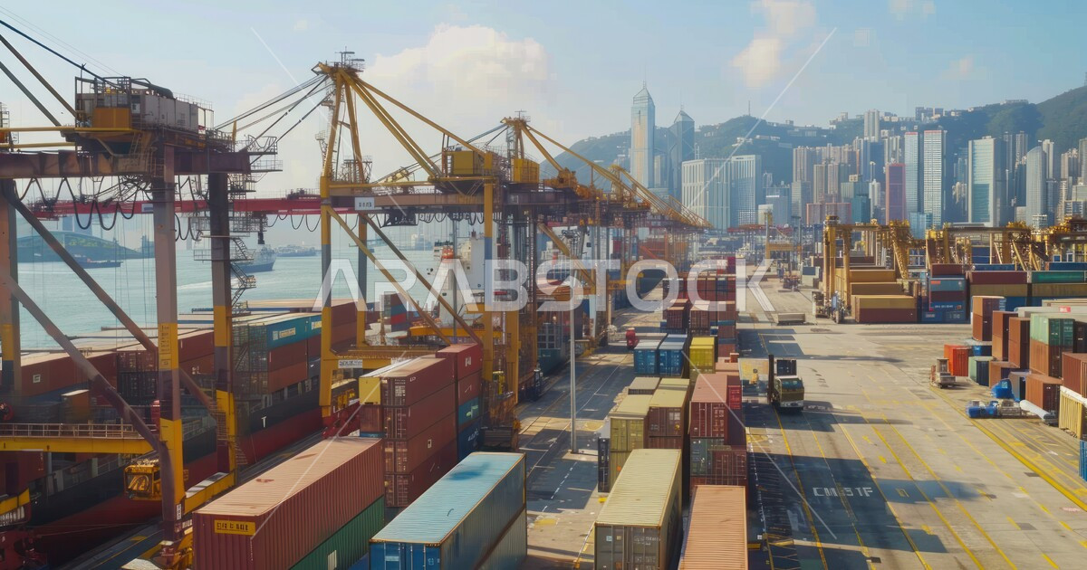 Shipping goods and commercial containers in the port, selling and ...