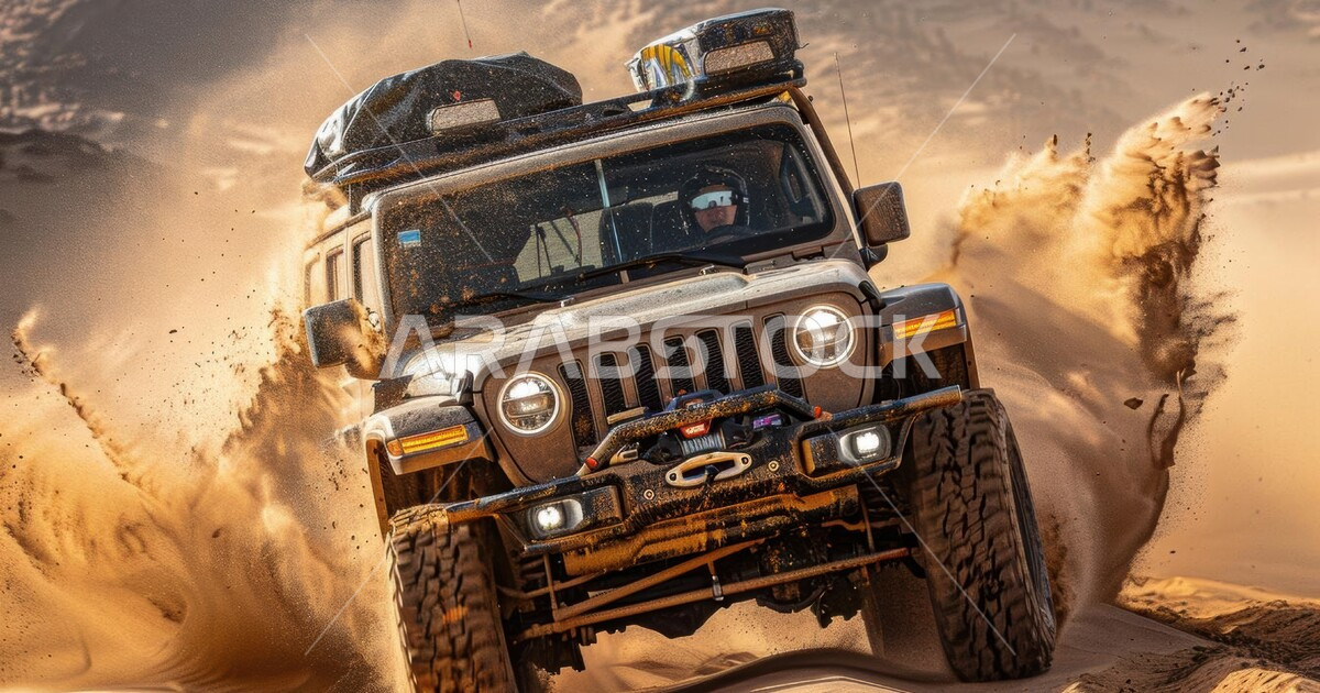 Safari adventure on sand dunes in Saudi Arabia, Close-up of 4x4 ...