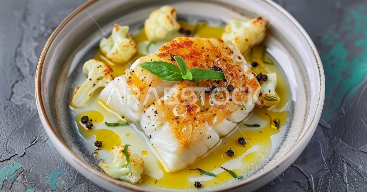 Fresh seafood, delicious fish with cauliflower and sauce on a silver ...
