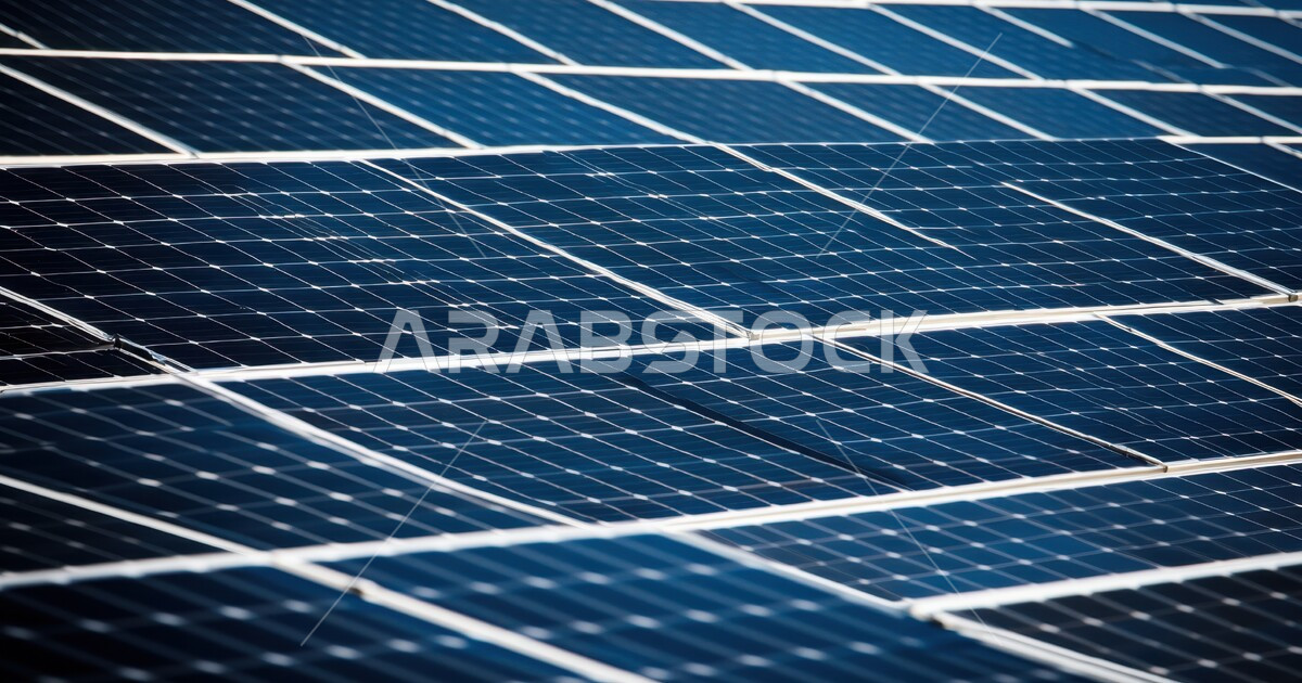 Solar power generation, view of photovoltaic panels and solar cell farm ...