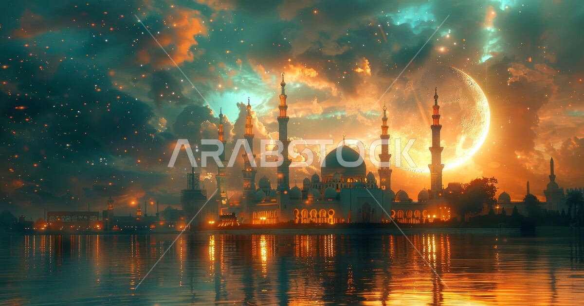 Moonlight reflection on water at night, full moon view in sky full of ...