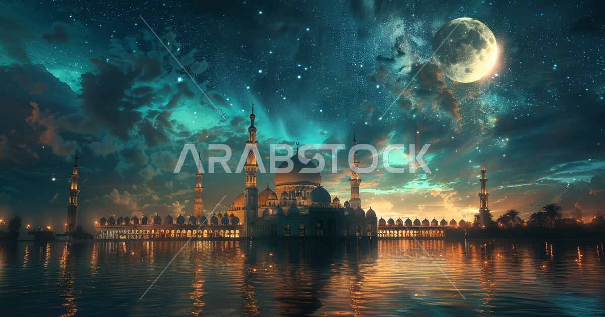 Moonlight reflection on water at night, full moon view in sky full of ...