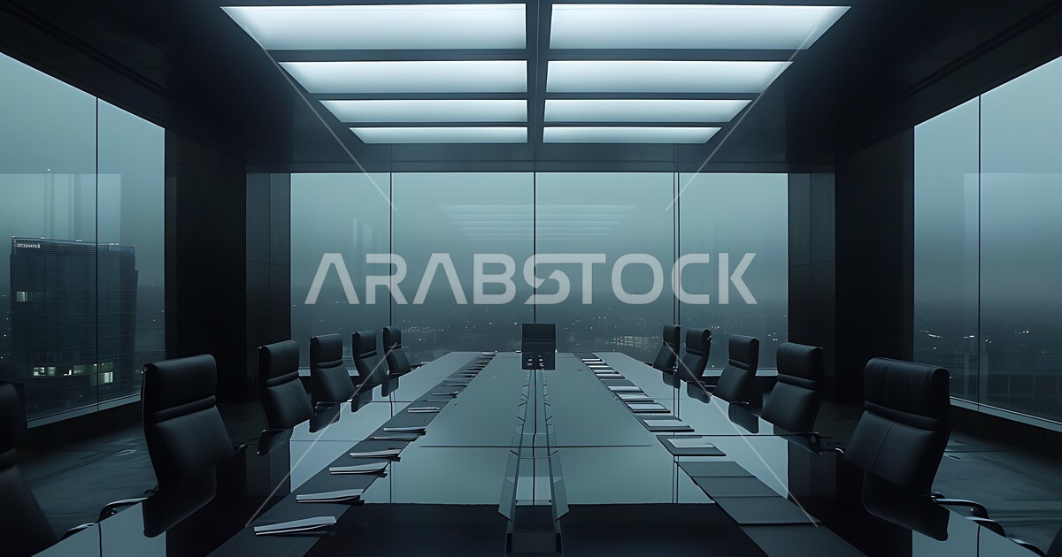 غرفة اجتماعات واسعة مع طاولة محاطة بكراسي، غرف مكتبية بتصاميم وديكورات ...