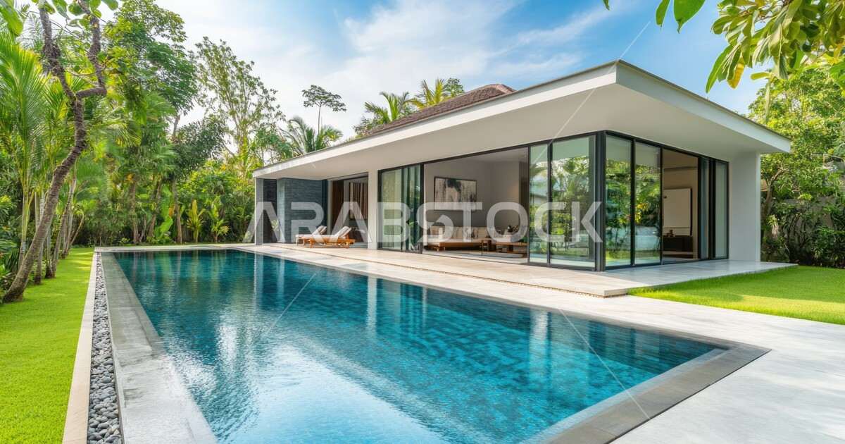 فيلا بيضاء حديثة مع مسبح كبير أمامها ، الطبيعة الخضراء حول حوض السباحة ...