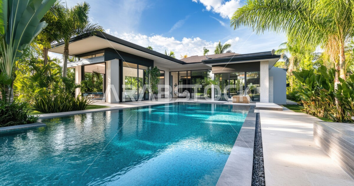 بناء عربي في السعودية ، الطبيعة الخضراء حول حوض السباحة في الحديقة ...