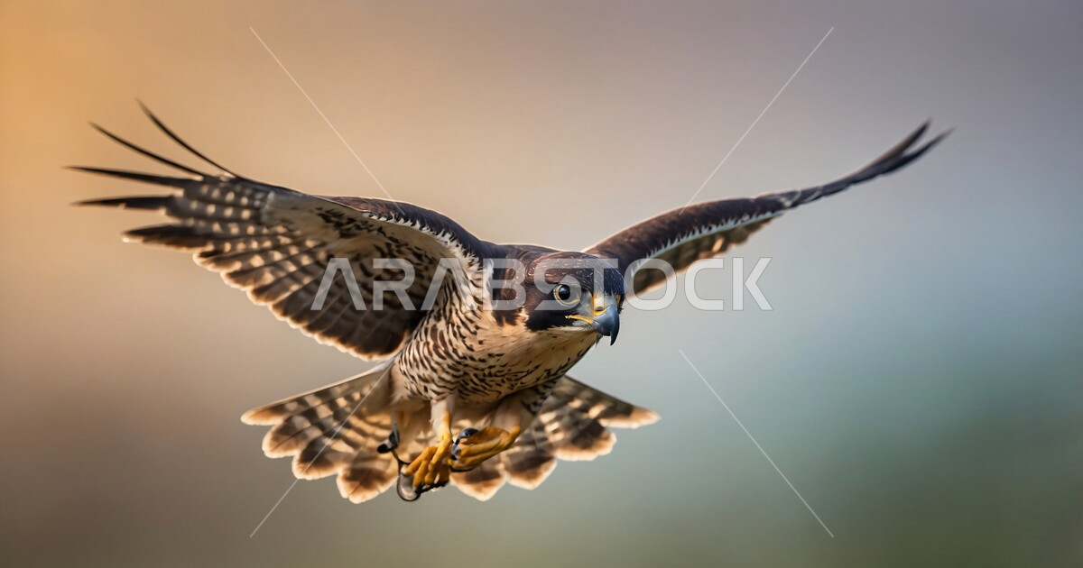Falcon flying in a nature reserve, a symbol of strength, challenge and ...