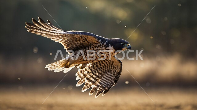 Falcon flying in a nature reserve, a symbol of strength, challenge and ...