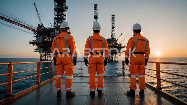 Petroleum engineering work, oil and gas refinery, back view of a group ...