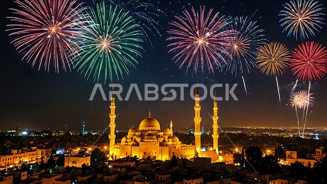 Islamic spiritual atmosphere, colorful fireworks and fireworks at night ...